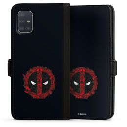 DeinDesign Galaxy A51 Handy Klapph&uuml;lle Handyh&uuml;lle aus Kunst Leder schwarz Flip Case Logo Marvel Deadpool Sideflip mit Lasche