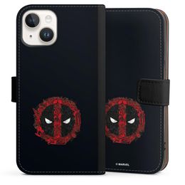 DeinDesign iPhone 14 Handy Klapph&uuml;lle Handyh&uuml;lle aus Kunst Leder schwarz Flip Case Logo Marvel Deadpool Sideflip mit Lasche