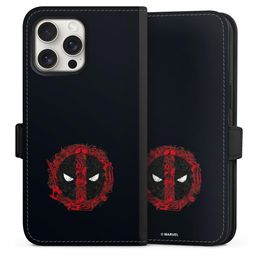 DeinDesign iPhone 15 Pro Max Handy Klapph&uuml;lle Handyh&uuml;lle aus Kunst Leder schwarz Flip Case Logo Marvel Deadpool Sideflip mit Lasche