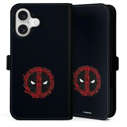 DeinDesign iPhone 16 Handy Klapph&uuml;lle Handyh&uuml;lle aus Kunst Leder schwarz Flip Case Logo Marvel Deadpool Sideflip mit Lasche
