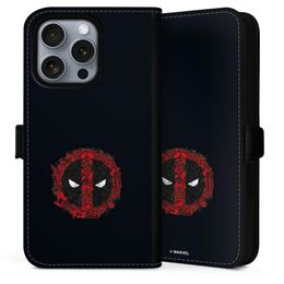DeinDesign iPhone 16 Pro Max Handy Klapph&uuml;lle Handyh&uuml;lle aus Kunst Leder schwarz Flip Case Logo Marvel Deadpool Sideflip mit Lasche