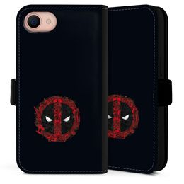 DeinDesign iPhone 16e Handy Klapph&uuml;lle Handyh&uuml;lle aus Kunst Leder schwarz Flip Case Logo Marvel Deadpool Sideflip mit Lasche