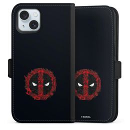 DeinDesign iPhone 15 Handy Klapph&uuml;lle Handyh&uuml;lle aus Kunst Leder schwarz Flip Case Logo Marvel Deadpool Sideflip mit Lasche