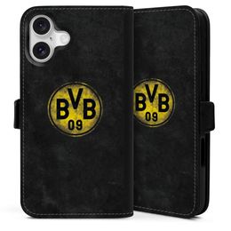 DeinDesign iPhone 16 Plus Handy Klapph&uuml;lle Handyh&uuml;lle aus Kunst Leder schwarz Flip Case Bvb Borussia Dortmund Merchandise Sideflip mit Lasche