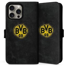 DeinDesign iPhone 16 Pro Handy Klapph&uuml;lle Handyh&uuml;lle aus Kunst Leder schwarz Flip Case Bvb Borussia Dortmund Merchandise Sideflip mit Lasche