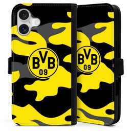 DeinDesign iPhone 16 Plus Handy Klapph&uuml;lle Handyh&uuml;lle aus Kunst Leder schwarz Flip Case Borussia Dortmund Merchandise Bvb Sideflip mit Lasche