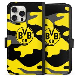 DeinDesign iPhone 15 Pro Max Handy Klapph&uuml;lle Handyh&uuml;lle aus Kunst Leder schwarz Flip Case Borussia Dortmund Merchandise Bvb Sideflip mit Lasche