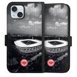 DeinDesign iPhone 15 Handy Klapph&uuml;lle Handyh&uuml;lle aus Kunst Leder schwarz Flip Case Eintracht Frankfurt Sge Stadium Sideflip mit Lasche