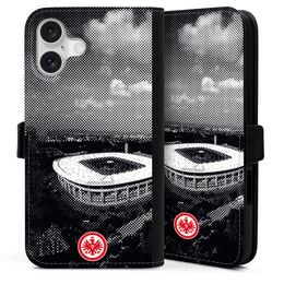 DeinDesign iPhone 16 Plus Handy Klapph&uuml;lle Handyh&uuml;lle aus Kunst Leder schwarz Flip Case Eintracht Frankfurt Sge Stadium Sideflip mit Lasche