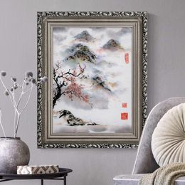 Gerahmtes Leinwandbild Japanische Aquarell Zeichnung Kirschbaum und Berge