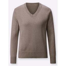 WITT Damen V-Ausschnitt-Pullover mit Baumwolle, taupe-meliert, Gr&ouml;&szlig;e 46
