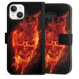DeinDesign iPhone 14 Handy Klapph&uuml;lle Handyh&uuml;lle aus Kunst Leder schwarz Flip Case Totenkopf Skull Fire Sideflip mit Lasche