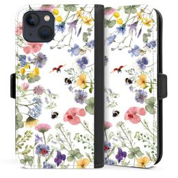DeinDesign iPhone 13 Handy Klapph&uuml;lle Handyh&uuml;lle aus Kunst Leder schwarz Flip Case Flowers Bee Muster Sideflip mit Lasche