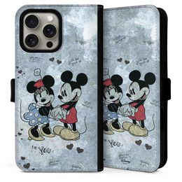 DeinDesign iPhone 16 Pro Handy Klapph&uuml;lle Handyh&uuml;lle aus Kunst Leder schwarz Flip Case Vintage Disney Sideflip mit Lasche