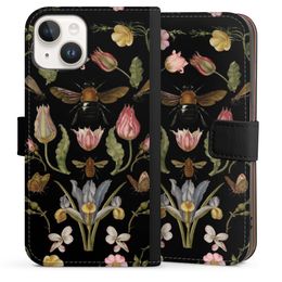 DeinDesign iPhone 14 Handy Klapph&uuml;lle Handyh&uuml;lle aus Kunst Leder schwarz Flip Case Flower Wreath Bee Blossom Sideflip mit Lasche