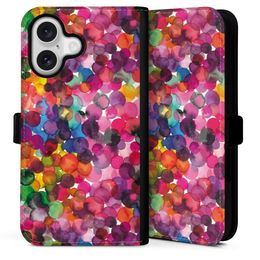 DeinDesign iPhone 16 Handy Klapph&uuml;lle Handyh&uuml;lle aus Kunst Leder schwarz Flip Case Water Colour Colourful Points Sideflip mit Lasche