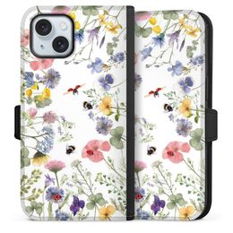 DeinDesign iPhone 15 Handy Klapph&uuml;lle Handyh&uuml;lle aus Kunst Leder schwarz Flip Case Flowers Bee Muster Sideflip mit Lasche