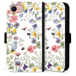 DeinDesign iPhone 16e Handy Klapph&uuml;lle Handyh&uuml;lle aus Kunst Leder schwarz Flip Case Flowers Bee Muster Sideflip mit Lasche