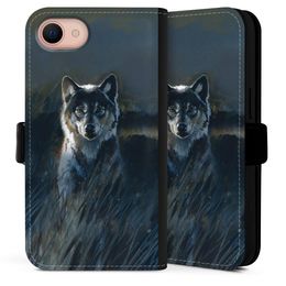 DeinDesign iPhone 16e Handy Klapph&uuml;lle Handyh&uuml;lle aus Kunst Leder schwarz Flip Case Wolf Painting Nature Sideflip mit Lasche