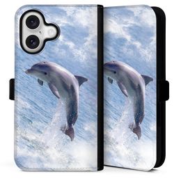 DeinDesign iPhone 16 Handy Klapph&uuml;lle Handyh&uuml;lle aus Kunst Leder schwarz Flip Case Wale Ocean Dolphin Sideflip mit Lasche