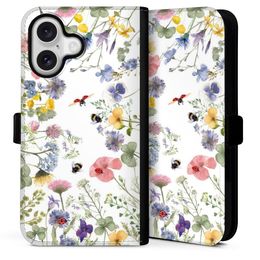 DeinDesign iPhone 16 Handy Klapph&uuml;lle Handyh&uuml;lle aus Kunst Leder schwarz Flip Case Flowers Bee Muster Sideflip mit Lasche