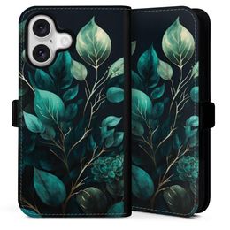 DeinDesign iPhone 16 Handy Klapph&uuml;lle Handyh&uuml;lle aus Kunst Leder schwarz Flip Case Eukalyptus Leaves Black Sideflip mit Lasche