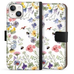 DeinDesign iPhone 14 Handy Klapph&uuml;lle Handyh&uuml;lle aus Kunst Leder schwarz Flip Case Flowers Bee Muster Sideflip mit Lasche