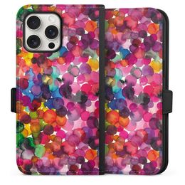 DeinDesign iPhone 15 Pro Max Handy Klapph&uuml;lle Handyh&uuml;lle aus Kunst Leder schwarz Flip Case Water Colour Colourful Points Sideflip mit Lasche