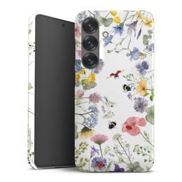 DeinDesign Galaxy S25 Handy Premium Case Smartphone Handyh&uuml;lle Schutzh&uuml;lle gl&auml;nzend Flowers Bee Muster Premium Case