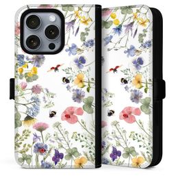 DeinDesign iPhone 16 Pro Max Handy Klapph&uuml;lle Handyh&uuml;lle aus Kunst Leder schwarz Flip Case Flowers Bee Muster Sideflip mit Lasche