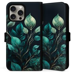 DeinDesign iPhone 16 Pro Handy Klapph&uuml;lle Handyh&uuml;lle aus Kunst Leder schwarz Flip Case Eukalyptus Leaves Black Sideflip mit Lasche