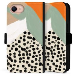 DeinDesign iPhone 16e Handy Klapph&uuml;lle Handyh&uuml;lle aus Kunst Leder schwarz Flip Case Abstract Boho Kunst Sideflip mit Lasche
