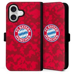 DeinDesign iPhone 16 Handy Klapph&uuml;lle Handyh&uuml;lle aus Kunst Leder schwarz Flip Case Camouflage Fcb Fc Bayern M&uuml;nchen Sideflip mit Lasche