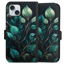 DeinDesign iPhone 15 Handy Klapph&uuml;lle Handyh&uuml;lle aus Kunst Leder schwarz Flip Case Eukalyptus Leaves Black Sideflip mit Lasche