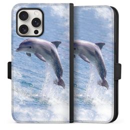 DeinDesign iPhone 15 Pro Max Handy Klapph&uuml;lle Handyh&uuml;lle aus Kunst Leder schwarz Flip Case Wale Ocean Dolphin Sideflip mit Lasche