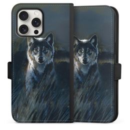 DeinDesign iPhone 15 Pro Max Handy Klapph&uuml;lle Handyh&uuml;lle aus Kunst Leder schwarz Flip Case Wolf Painting Nature Sideflip mit Lasche