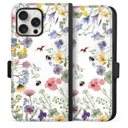 DeinDesign iPhone 15 Pro Max Handy Klapph&uuml;lle Handyh&uuml;lle aus Kunst Leder schwarz Flip Case Flowers Bee Muster Sideflip mit Lasche