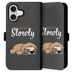 DeinDesign iPhone 16 Handy Klapph&uuml;lle Handyh&uuml;lle aus Kunst Leder schwarz Flip Case Sloth Lazy Sunday Sayings Sideflip mit Lasche
