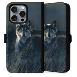 DeinDesign iPhone 16 Pro Max Handy Klapph&uuml;lle Handyh&uuml;lle aus Kunst Leder schwarz Flip Case Wolf Painting Nature Sideflip mit Lasche