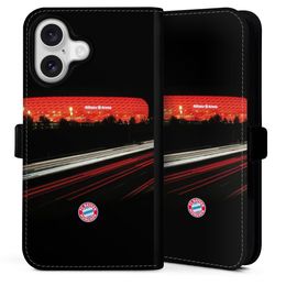DeinDesign iPhone 16 Handy Klapph&uuml;lle Handyh&uuml;lle aus Kunst Leder schwarz Flip Case Fcb Fc Bayern M&uuml;nchen Stadium Sideflip mit Lasche
