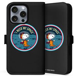 DeinDesign iPhone 16 Pro Max Handy Klapph&uuml;lle Handyh&uuml;lle aus Kunst Leder schwarz Flip Case Peanuts Weltall Snoopy Sideflip mit Lasche