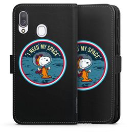 DeinDesign Galaxy A40 Handy Klapph&uuml;lle Handyh&uuml;lle aus Kunst Leder schwarz Flip Case Peanuts Weltall Snoopy Sideflip mit Lasche