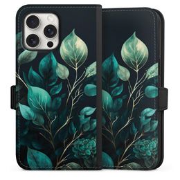 DeinDesign iPhone 15 Pro Max Handy Klapph&uuml;lle Handyh&uuml;lle aus Kunst Leder schwarz Flip Case Eukalyptus Leaves Black Sideflip mit Lasche