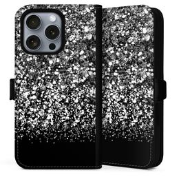 DeinDesign iPhone 16 Pro Max Handy Klapph&uuml;lle Handyh&uuml;lle aus Kunst Leder schwarz Flip Case Muster Snowflake Glitzer Sideflip mit Lasche