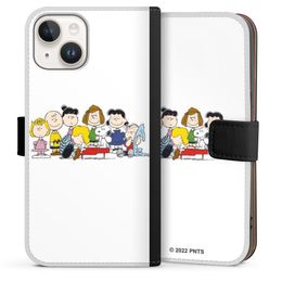 DeinDesign iPhone 14 Handy Klapph&uuml;lle Handyh&uuml;lle aus Kunst Leder schwarz Flip Case Peanuts Kindheit Merchandise Sideflip mit Lasche