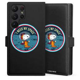 DeinDesign Galaxy S23 Ultra Handy Klapph&uuml;lle Handyh&uuml;lle aus Kunst Leder schwarz Flip Case Peanuts Weltall Snoopy Sideflip mit Lasche