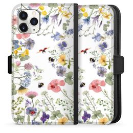 DeinDesign iPhone 11 Pro Handy Klapph&uuml;lle Handyh&uuml;lle aus Kunst Leder schwarz Flip Case Flowers Bee Muster Sideflip mit Lasche