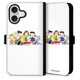 DeinDesign iPhone 16 Handy Klapph&uuml;lle Handyh&uuml;lle aus Kunst Leder schwarz Flip Case Peanuts Kindheit Merchandise Sideflip mit Lasche