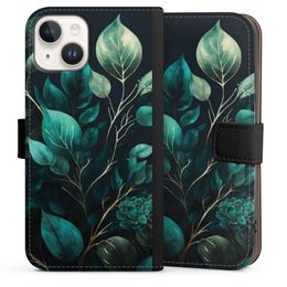 DeinDesign iPhone 14 Handy Klapph&uuml;lle Handyh&uuml;lle aus Kunst Leder schwarz Flip Case Eukalyptus Leaves Black Sideflip mit Lasche
