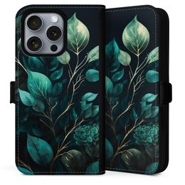 DeinDesign iPhone 16 Pro Max Handy Klapph&uuml;lle Handyh&uuml;lle aus Kunst Leder schwarz Flip Case Eukalyptus Leaves Black Sideflip mit Lasche